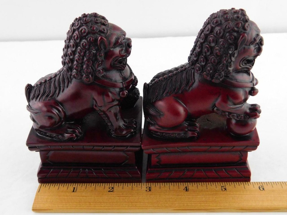Pair of Red Resin Chinese Foo Dogs on Pedestals Shishi Lions China Made ...