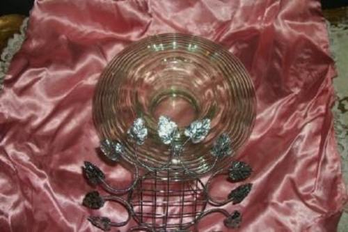 ART DECO BAGLEY DEPRESSION GLASS GREEN EPERGNE FLOWER FROG SILVER LEAF ...