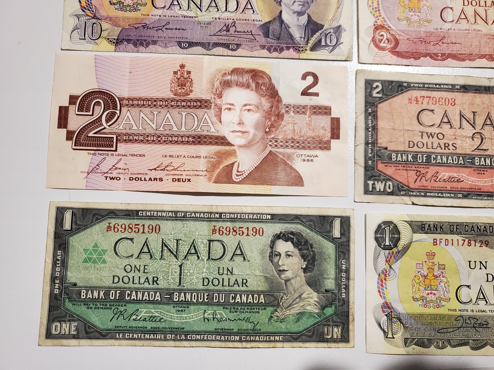Lot of 6 Old Paper Canadian Bills / Bank Notes - $1 $2 $10 ($18 face ...