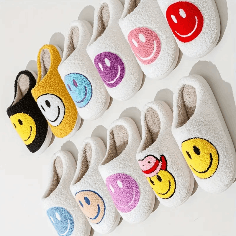 Pink and White Fuzzy Smiley Face Slippers Size 5.5/6 | eBay