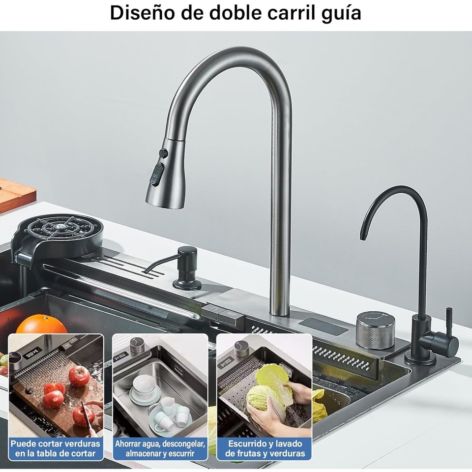 30X18 INCH Two Waterfall Smart Kitchen Sink with Digital Display Pull ...