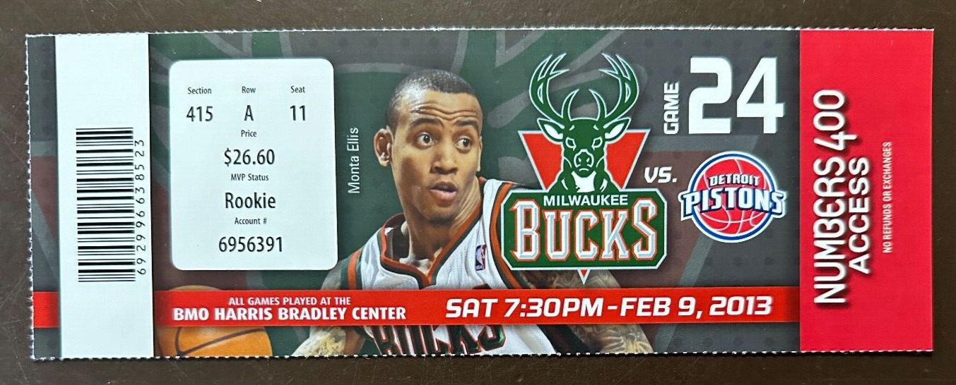 Milwaukee Bucks 2/9/2013 NBA ticket stub vs Detroit Pistons | eBay