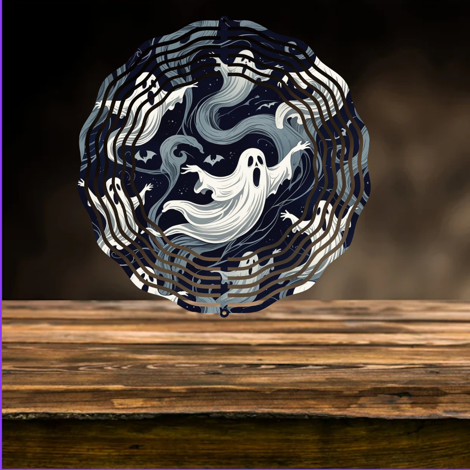 Haunted Spooky Ghost Swirl Bats 10" Metal Wind Spinner Black & White ...