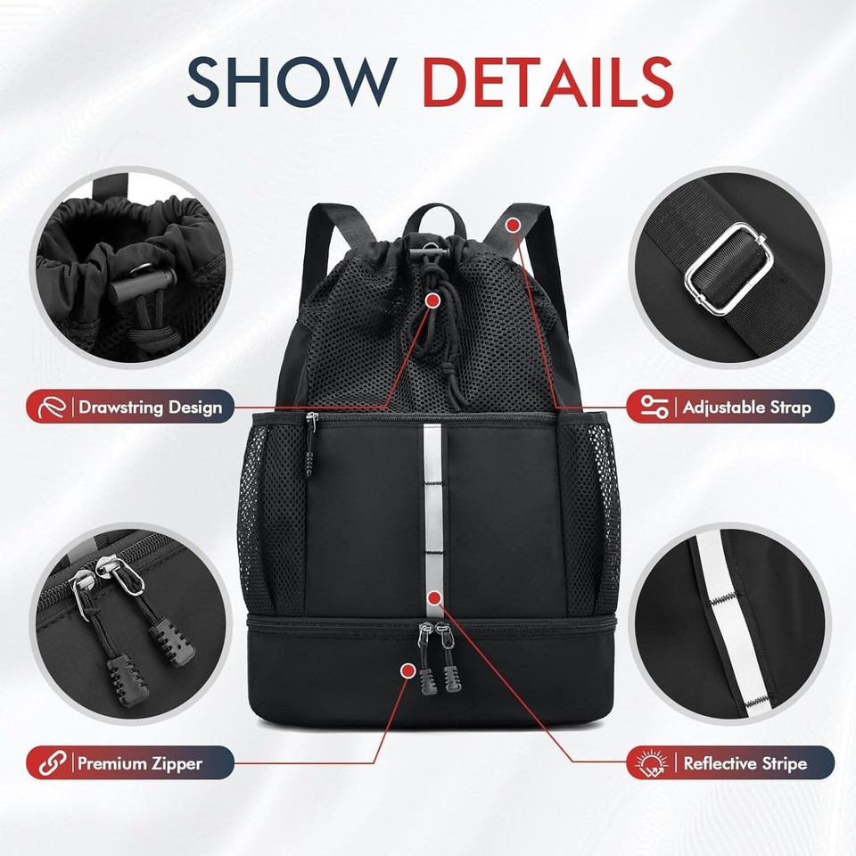 Sports Backpack with Wet Pocket&Shoe Compartment, Lightweight (Black ...
