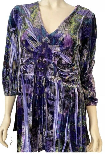 Apt. 9 1X Plus Purple Multicolor Velour V-Neck Top 3/4 Sleeve Soft ...