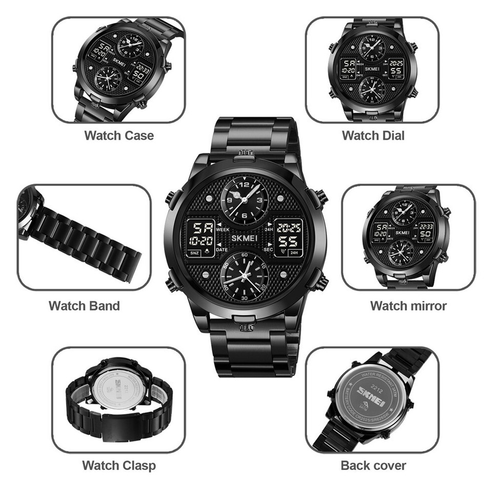 SKMEI Men Quartz Watch Dual Time Military Wristwatch Male Steel Digital ...