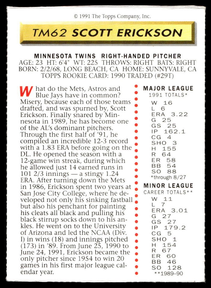 1991 Topps Magazine TM62 Scott Erickson Minnesota Twins Baseball Card ...