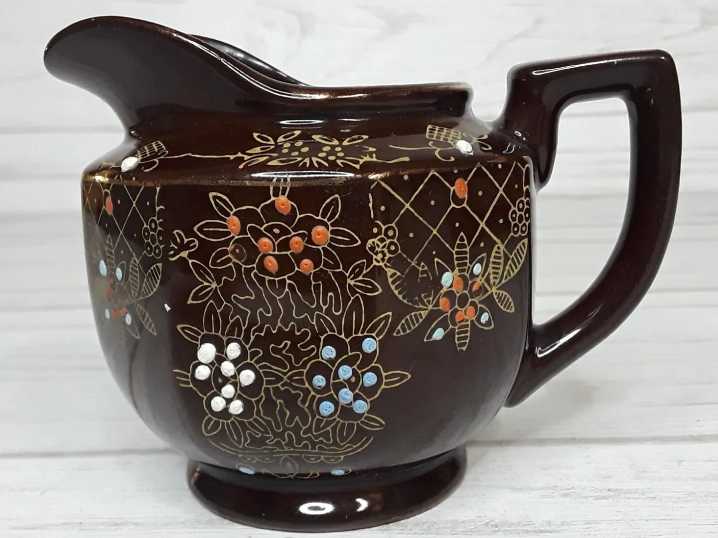 Vtg Relco Red-ware Brown Betty Redware Creamer Handpainted Moriage ...