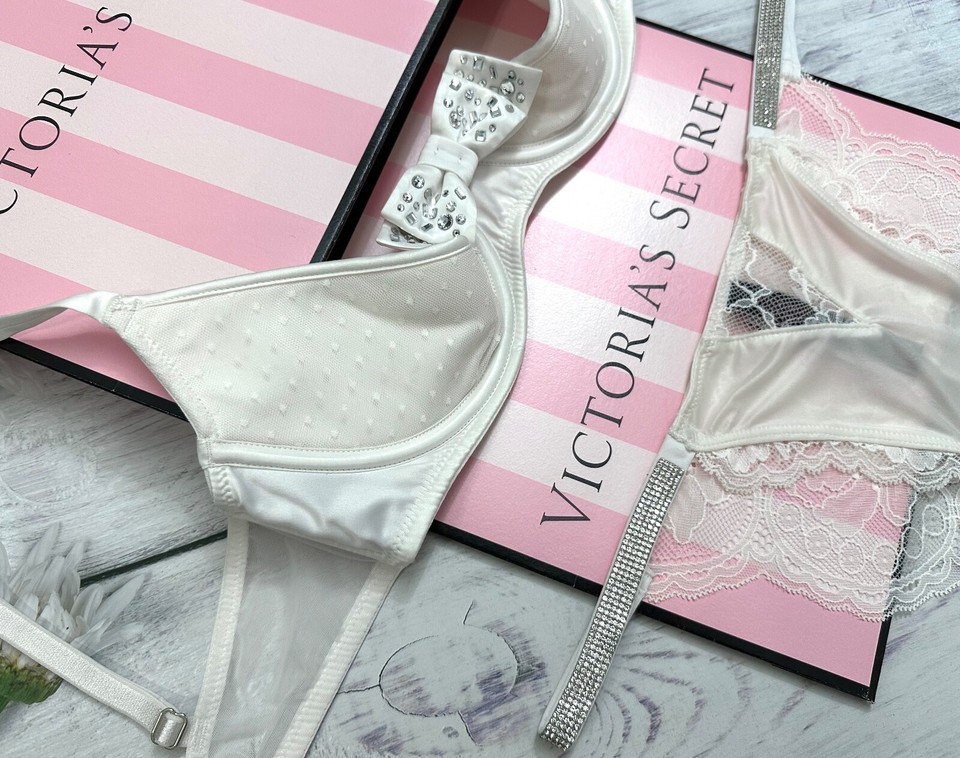 Victoria's Secret Quarter 3/4 Semi Cup Rhinestone Bow Bra Cheeky Set ...