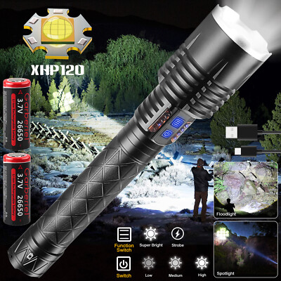 Super Bright Tactical XHP120 LED Flashlights USB Rechargeabe Torch with ...