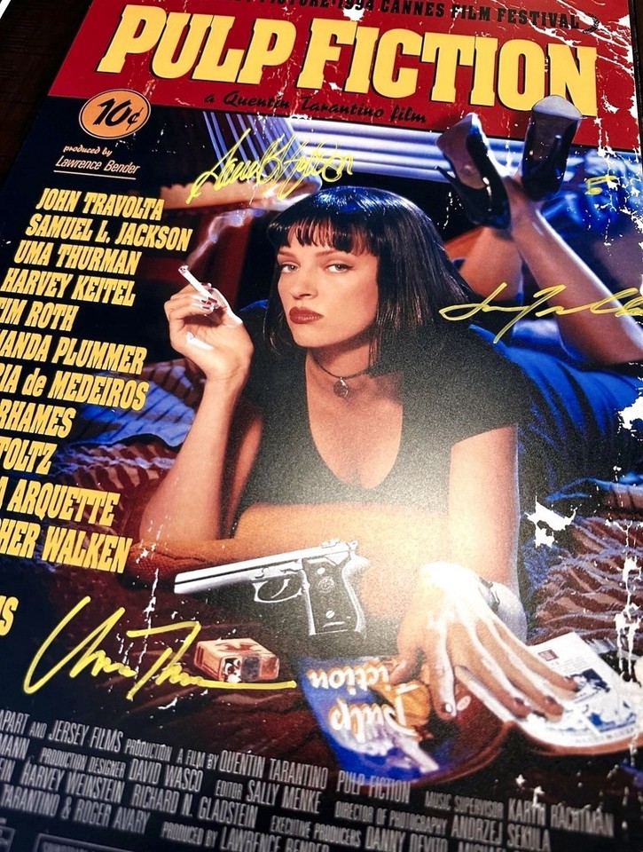 Uma Thurman, John Travolta, Samuel L. Jackson Signed Pulp Fiction 12x18 ...