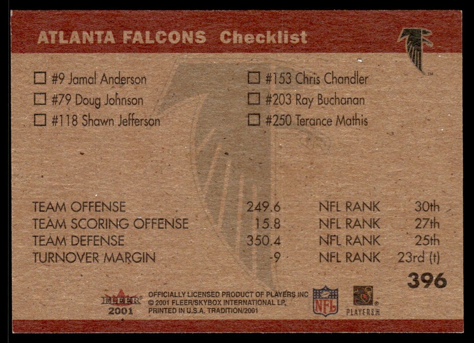2001 Fleer Tradition #396 Atlanta Falcons Team Leaders TL NRMT or ...