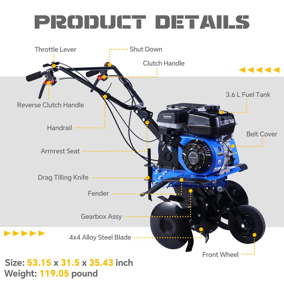 Super Tiller Cultivator Gas Powered 212CC 4-Stroke Garden Cultivator ...