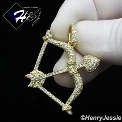 925 STERLING SILVER ICY BLING CZ GOLD PLATED 3D CUPID'S BOW ARROW ...