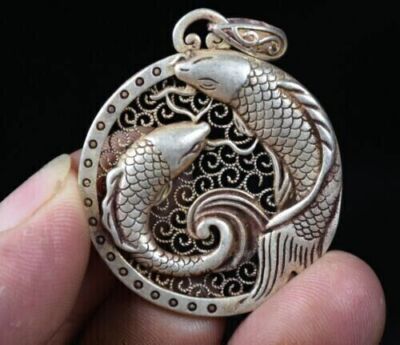 4CM Rare Old China Miao Silver Feng Shui Double Fish Pendant Amulet ...