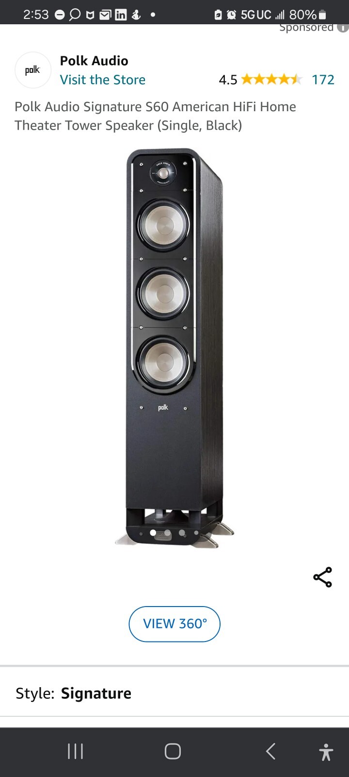 Polk Audio Signature Series S55 Tower Speaker – 6.5” Drivers, Bi-Wire ...