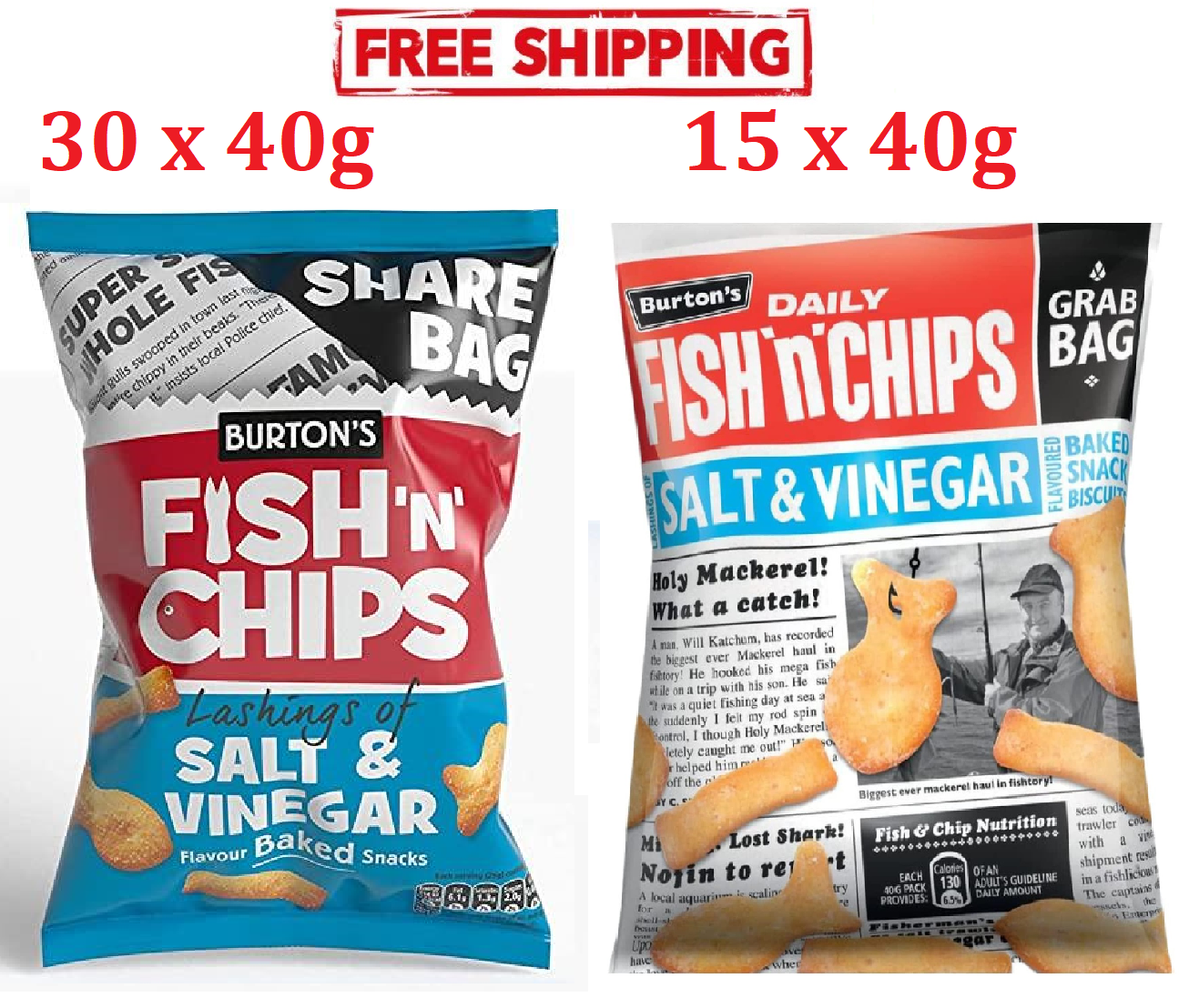 Burtons Fish and Chips Crisps Salt n Vinegar Grab bag Snaks 15 x 40g 30 ...