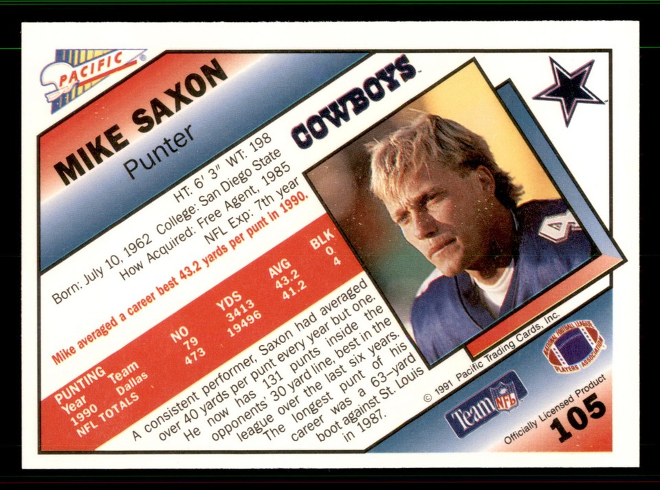 1991 Pacific Mike Saxon #105 Dallas Cowboys | eBay