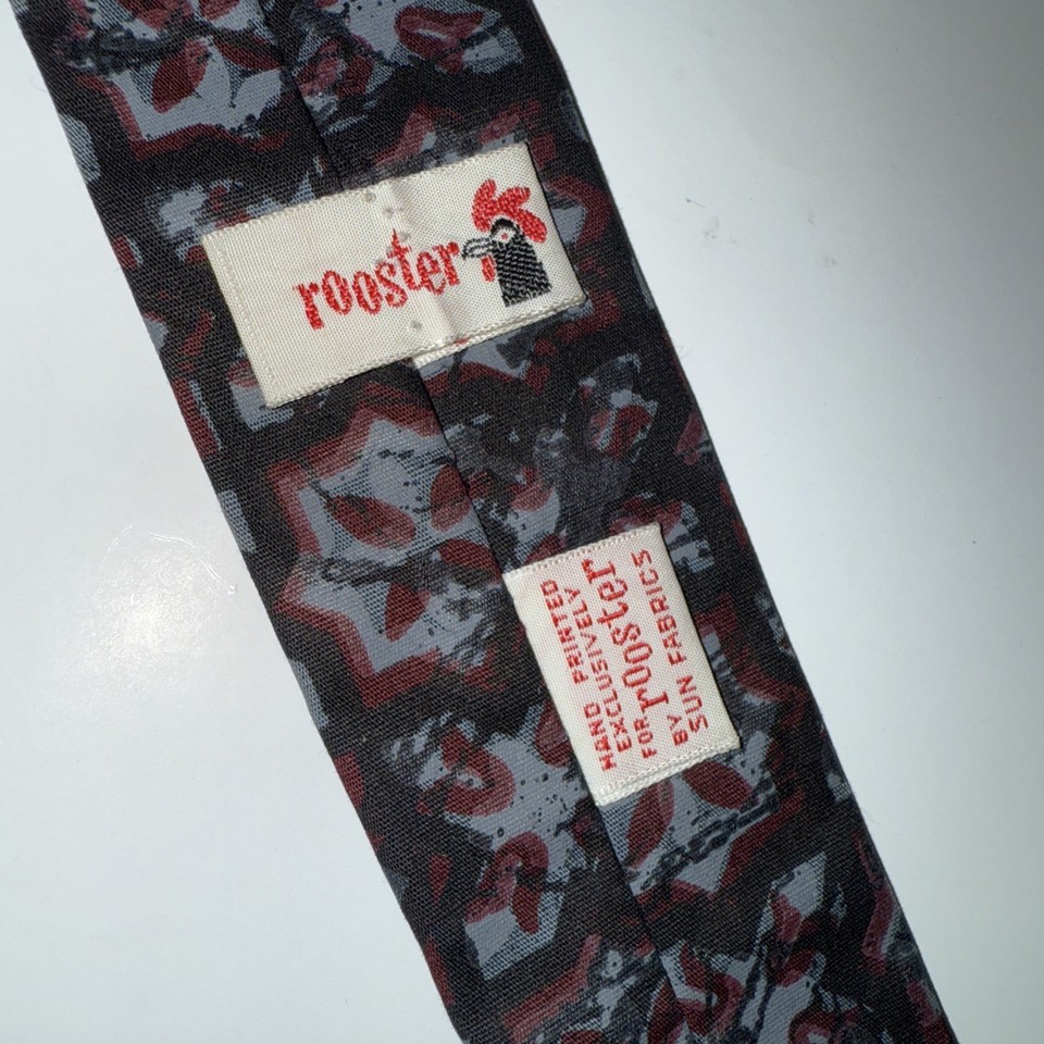 Vintage Rooster Flat End Tie Red, Gray, Black Floral Geometric Design ...