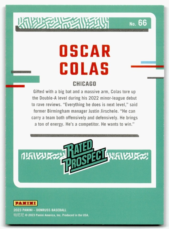 2023 Donruss Purple Holo Rated Prospect Oscar Colas #66 Chicago White ...
