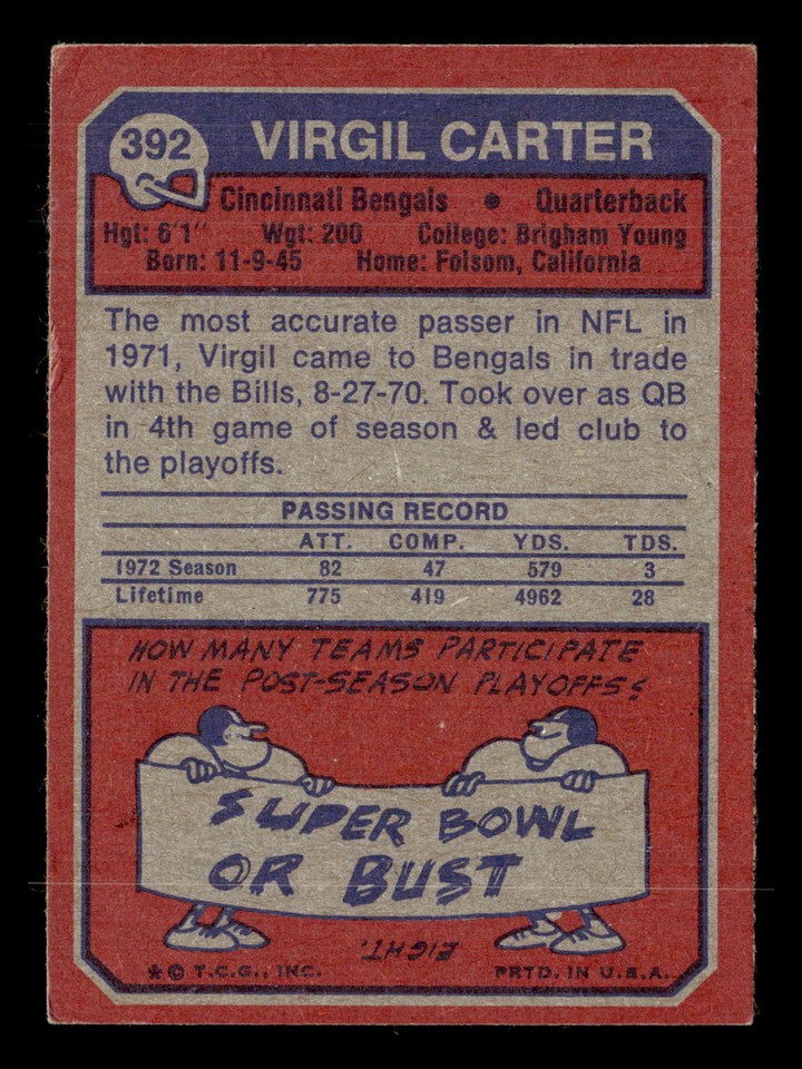 Virgil Carter 1973 Topps #392 Cincinnati Bengals Very Good | eBay
