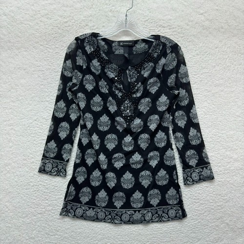 INC International Concepts Boho Mesh Top M Medium Black Pattern 3/4 ...