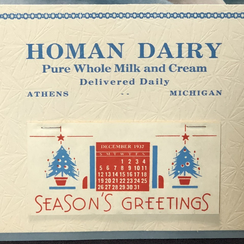 VTG Homan Dairy Milk and Cream 1938 Calendar Baby Athens Michigan ...