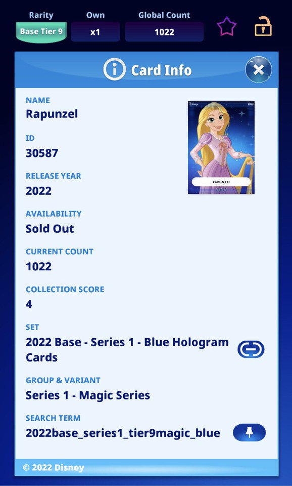DIGITAL Topps Disney Collect 2022 Tier 9 Base Blue Hologram Magic ...