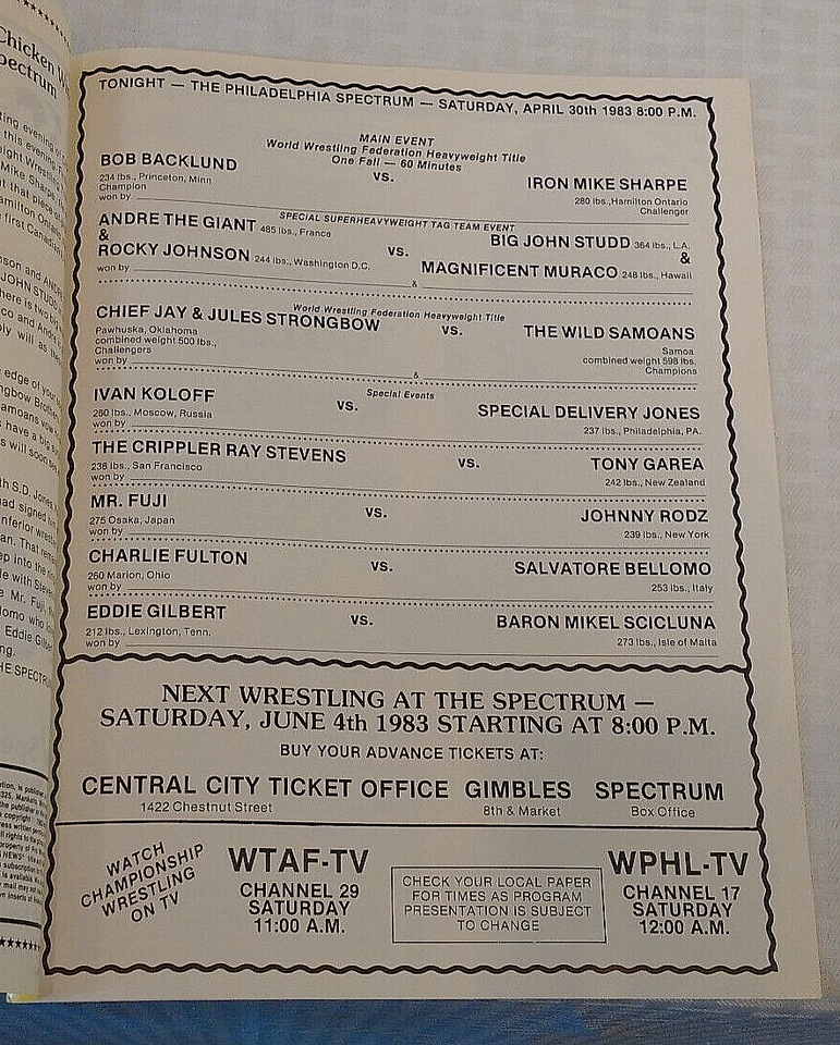 1983 WWF Wrestling Arena Program House Show Spectrum Philadelphia High ...