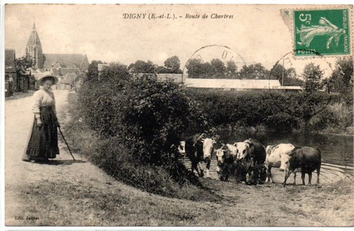Cpa 28.DIGNY.Route de Chartres. Gardienne de Vaches a l’Abreuvoir. Très ...
