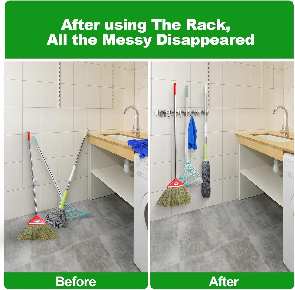 5 Racks and 4 Hooks Mop and Broom Holder Wall Mount, Self Adhesive ...