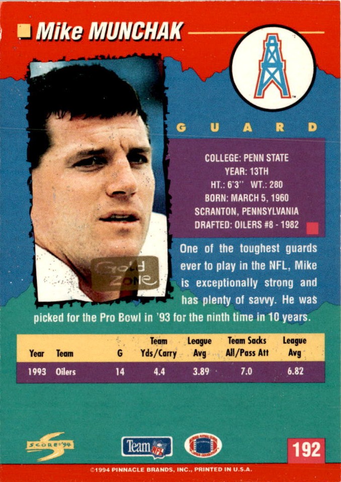 1994 Score #192 Mike Munchak Gold Zone Houston Oilers | eBay