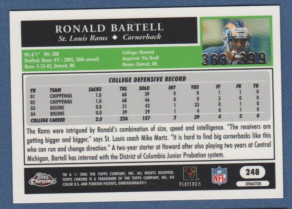 RONALD BARTELL 2005 Topps Chrome Gold Xfractor RC #248 Rams Card Rookie ...