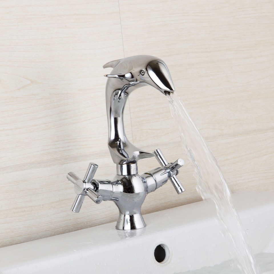 2 Handles Single Hole Dolphin Shaped Chrome Bathroom Basin Sink Faucet ...
