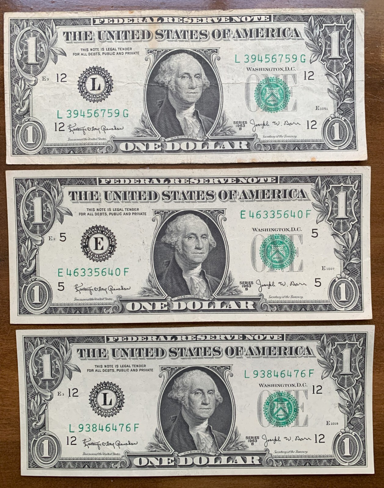 1963 B Lot of 3 Barr $1 Dollar Bill Banknotes | eBay