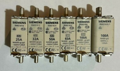 SIEMENS 3NA3 Fuses, 25A, 32A, 50A, 63A, 100A, 600V/100kA, NH000-gL/gG ...