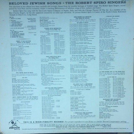 The Robert Spiro Singers, Beloved Jewish Songs, (LP), NM or M ...