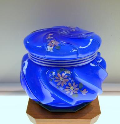 FENTON PUFF BOX Blue Overlay DAINTY PINK & BLUE FLORAL FREEusaSHIP | eBay