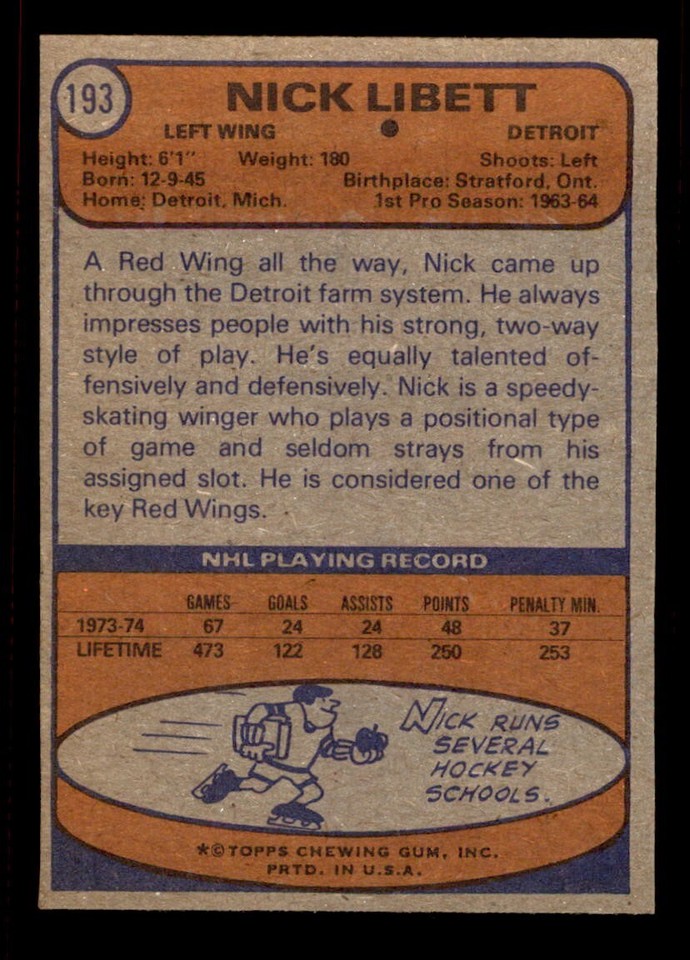 1974 Topps Hockey #193 Nick Libett NM *d3 | eBay