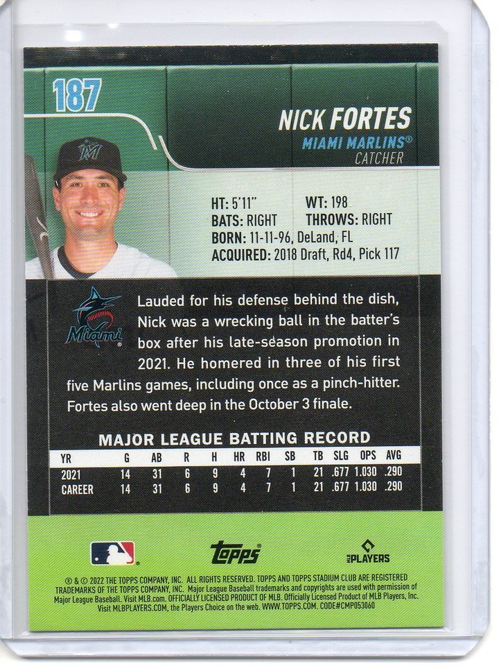 2022 Topps Stadium Club Nick Fortes Miami Marlins #187 Baseball | eBay