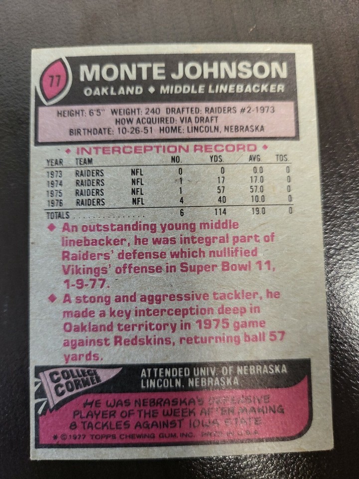1977 Topps Monte Johnson NRMT card #77.. | eBay