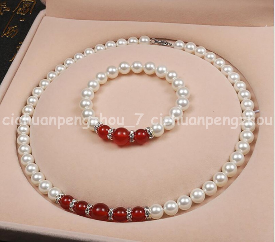8-10mm White Akoya Shell Pearl Red Jade Gems Round Beads Necklace ...