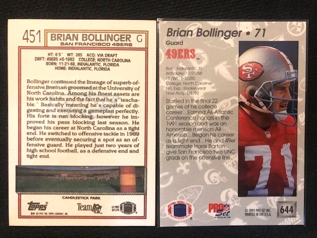 NFL - Brian Bollinger 1992 Topps Draft Pick & 1992 Pro Set Football RC ...