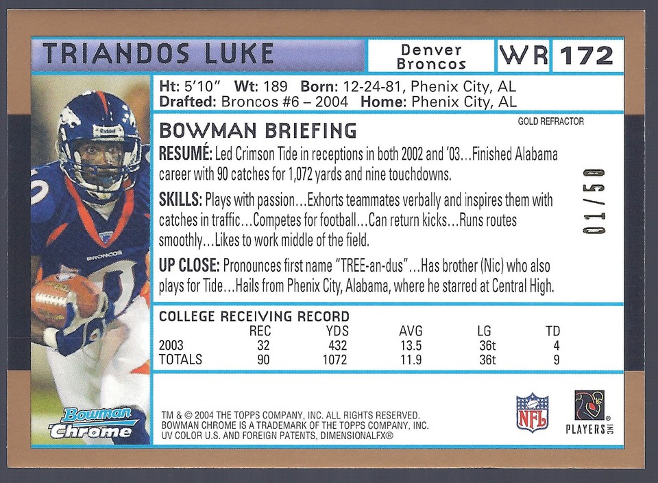Triandos Luke 2004 Topps Bowman Chrome #172 Gold Refractor RC Alabama ...