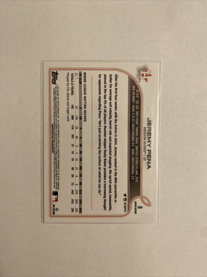 2022 Topps Japan Edition JEREMY PENA RC Houston Astros #8 Rookie Card ...