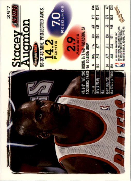 1997-98 Hoops Portland Trail Blazers Basketball Card #297 Stacey Augmon ...