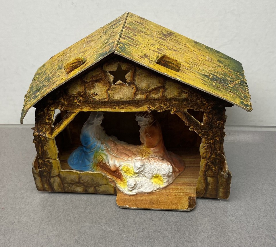 Vintage Nativity Set Cardboard Manger Stable Christmas Mid Century ...