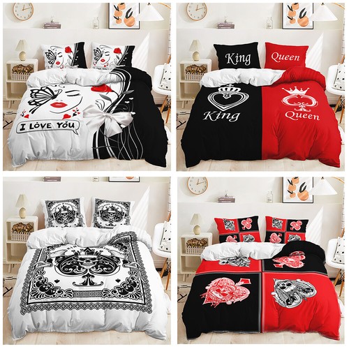 Lover Wedding Queen King Skull Checked Rose Doona Duvet Quilt Cover Bed ...