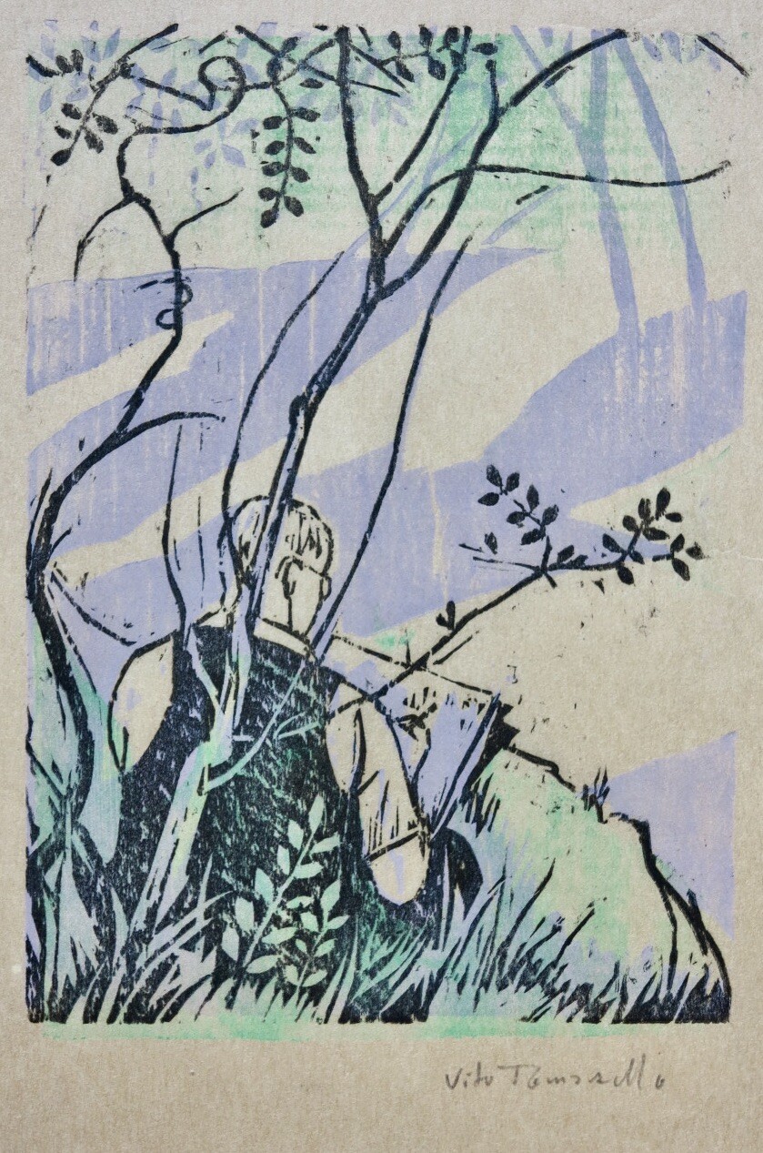 Landscape Artist sketching portrait woodblock print ca.1955 Vito ...