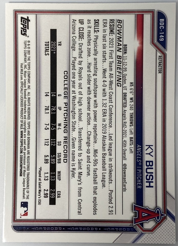 2021 Bowman Chrome Ky Bush Rookie Los Angeles Angels #BDC-149 1st RC ...